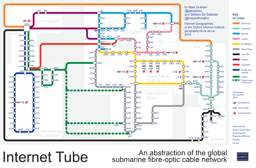 “Tube Map” of the global submarine fibre-optic cable network, produced ...